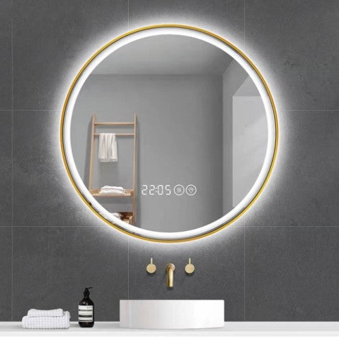 Smart round mirror with led lighting and time